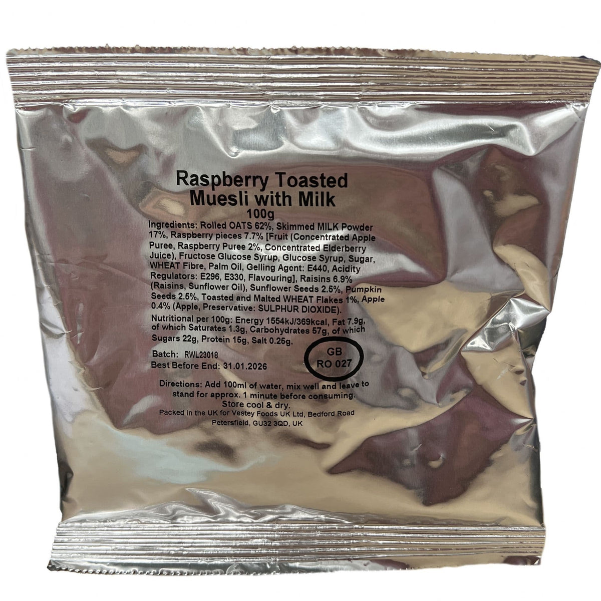 British Military Ration Meal Breakfast Pouch - Raspberry Toasted Muesli With Milk 100g ...